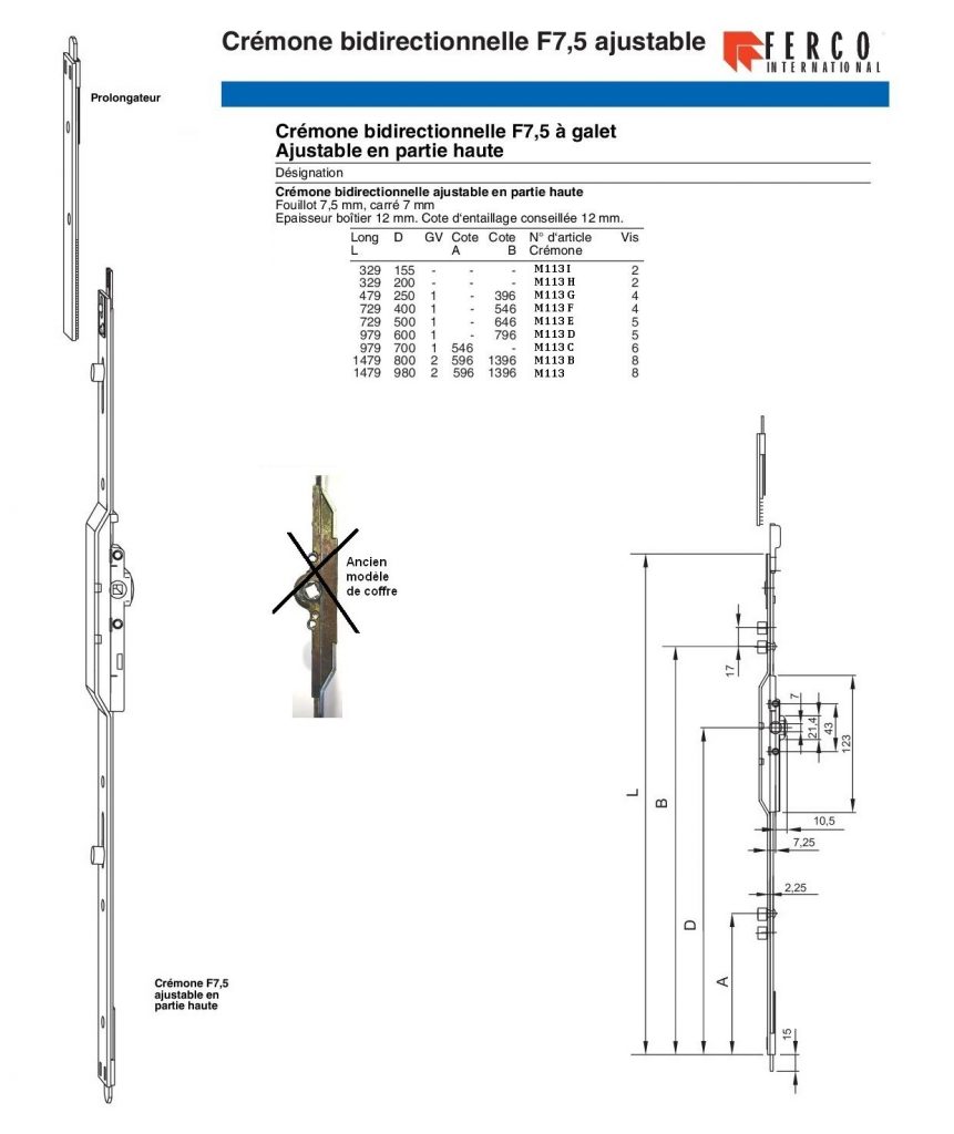 Crémone GU G-20461 ancien Ferco G-13444 E20437 - Serrures & Clés