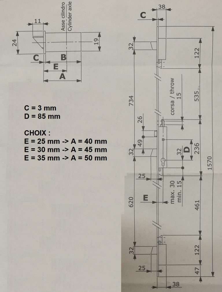 Serrure 3 points NUOVA FEB Corni tétière plate 24 mm - Serrures & Clés