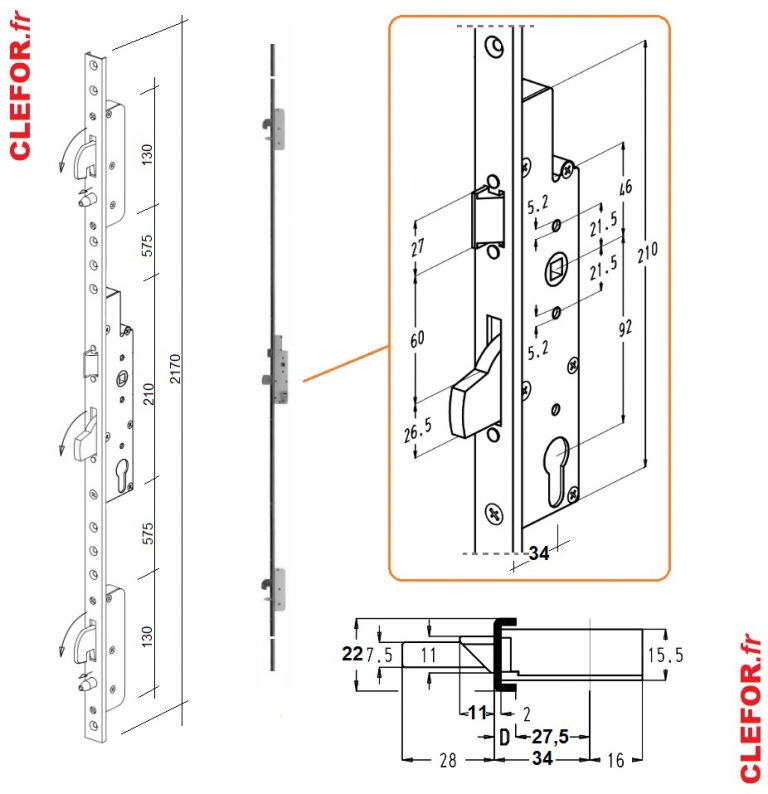 Serrure SOBINCO 3 points Axe 34/92 pour menuiserie alu - Serrures & Clés