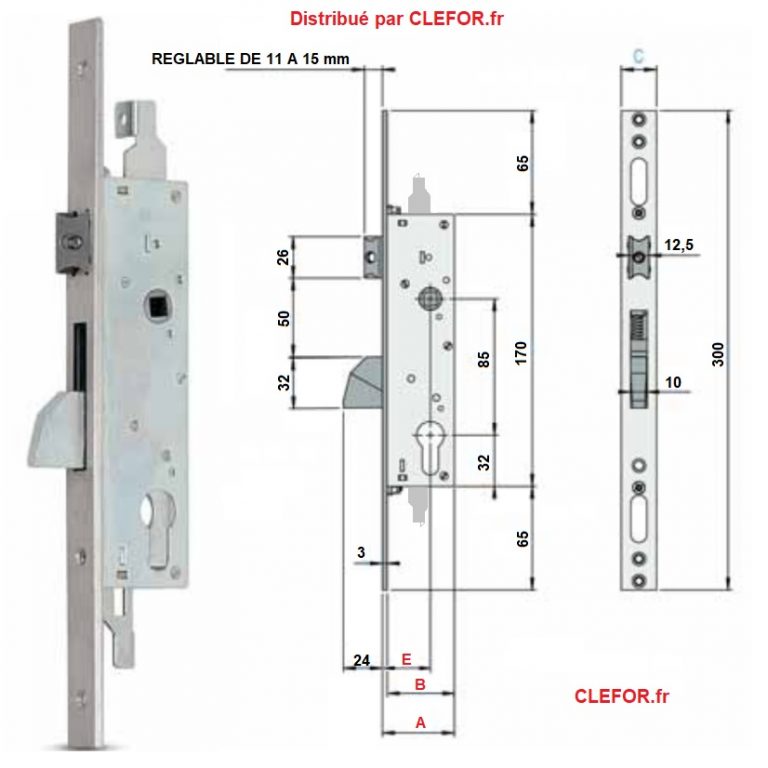 Serrure Feb 3 points entraxe 85 mm FEB CORNI - Serrures & Clés