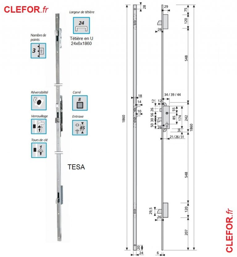 Serrure TESA 3 points pênes basculants Tétière en U largeur 24 ...